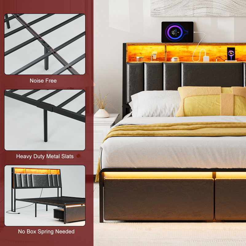 Orren Ellis Bed Frames With Dustproof Storage Drawer Ergonomic Hidden Storage Headboard With Charging Station Upholstered Faux Leather Led Platform Bed No Box Spring Needed Easy Assembly Black Wayfair